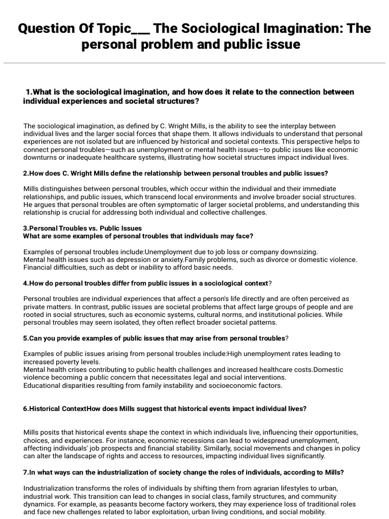 Question of Topic - The Sociological Imagination: The Personal Problem ...