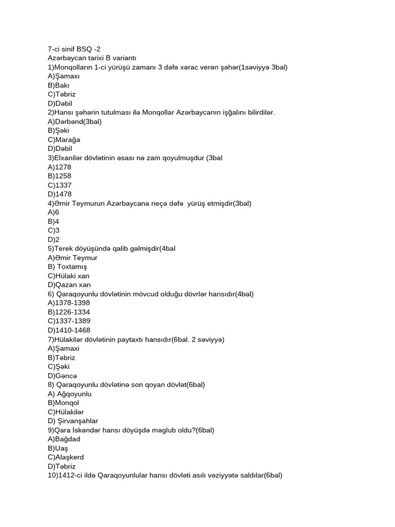 7-Ci Sinif BSQ - 2 Az Tarixi B Varianti | PDF