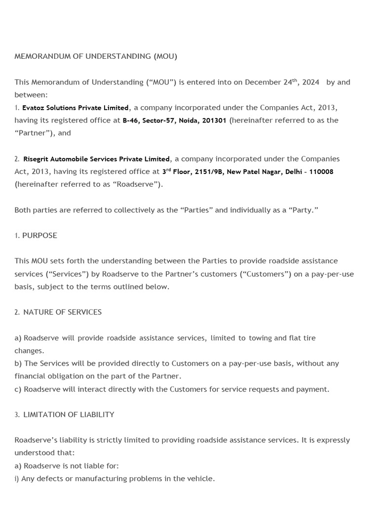 Memorandum of Understanding (Eva2z) | PDF | Indemnity | Civil Law (Legal System)