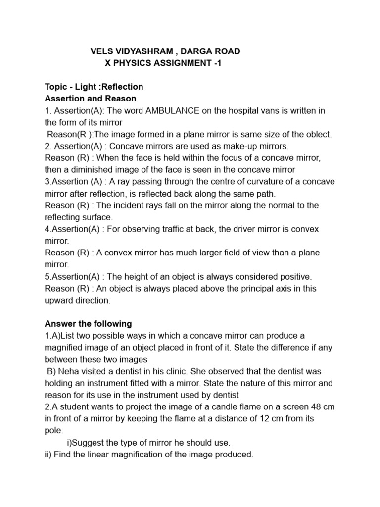 Cbse Class 10 Physics Assignment | PDF | Mirror | Optics