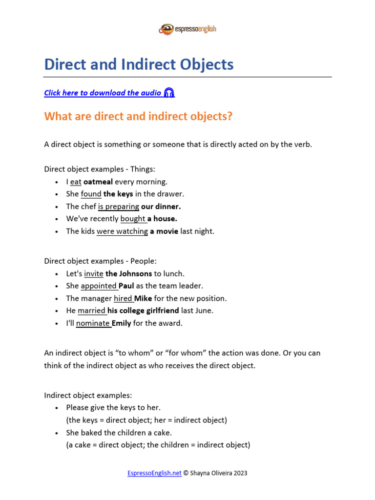 Direct and Indirect Objects Explained | PDF | Syntax | Grammar
