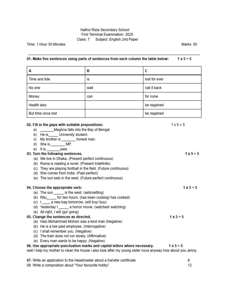 Class VII English 2nd Paper | PDF | Syntax | Linguistic Morphology