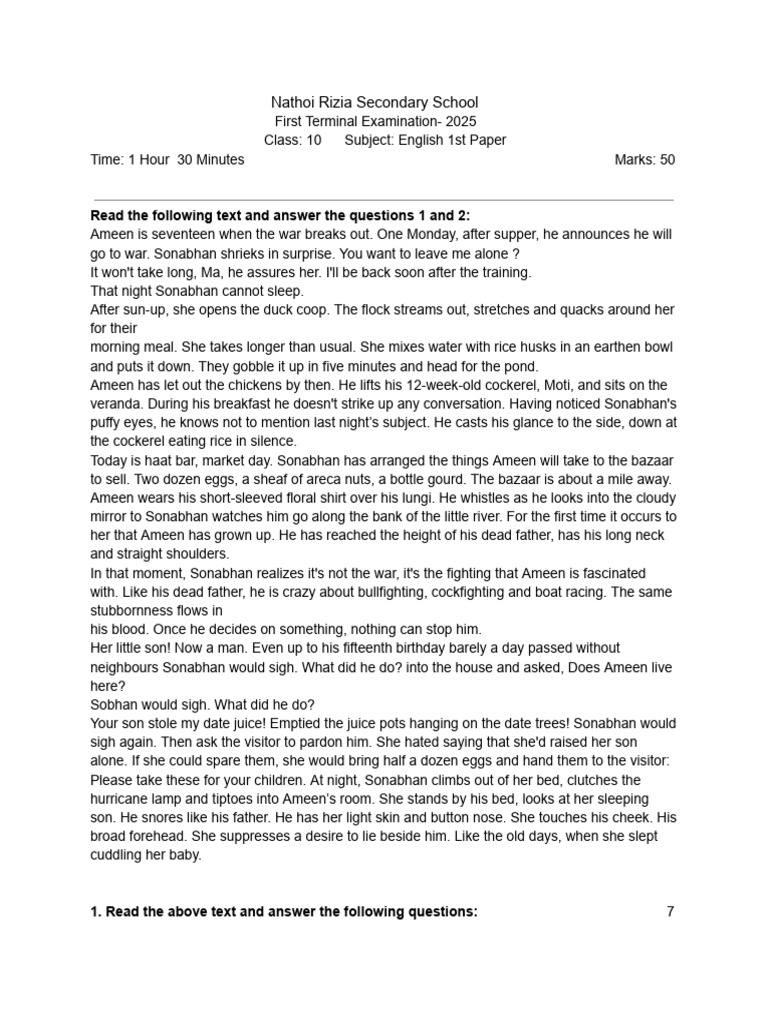 Class 10 English 1st Paper Model Questions | PDF