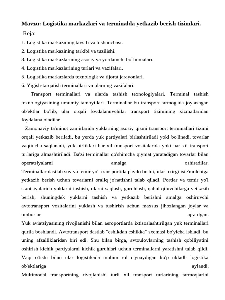 Logistika Markazlari Va Terminalda Yetkazib Berish Tizimlari | PDF