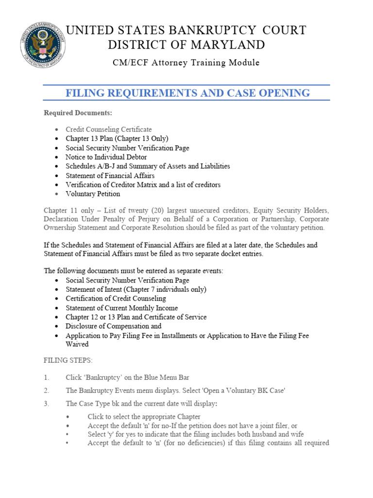 Filing Requirements and Case Opening | PDF | Bankruptcy | Chapter 11