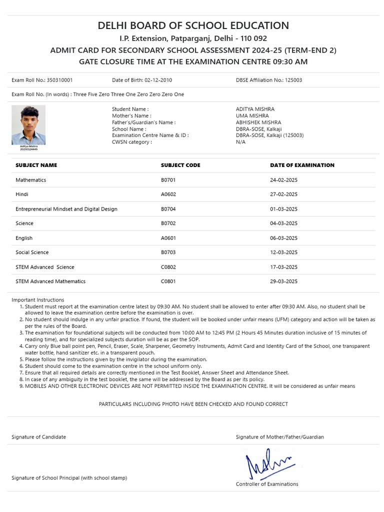 DBRA-SOSE, Kalkaji - 1925438 - Class 10 - Admit Card | PDF