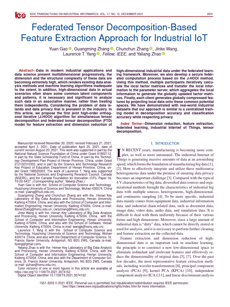 11-Federated Tensor Decomposition-Based Feature Extraction Approach For Industrial IoT | PDF ...