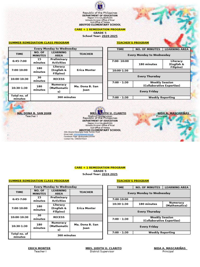 Class Program Summer Remediation Program Grade 5 | PDF | Reading ...