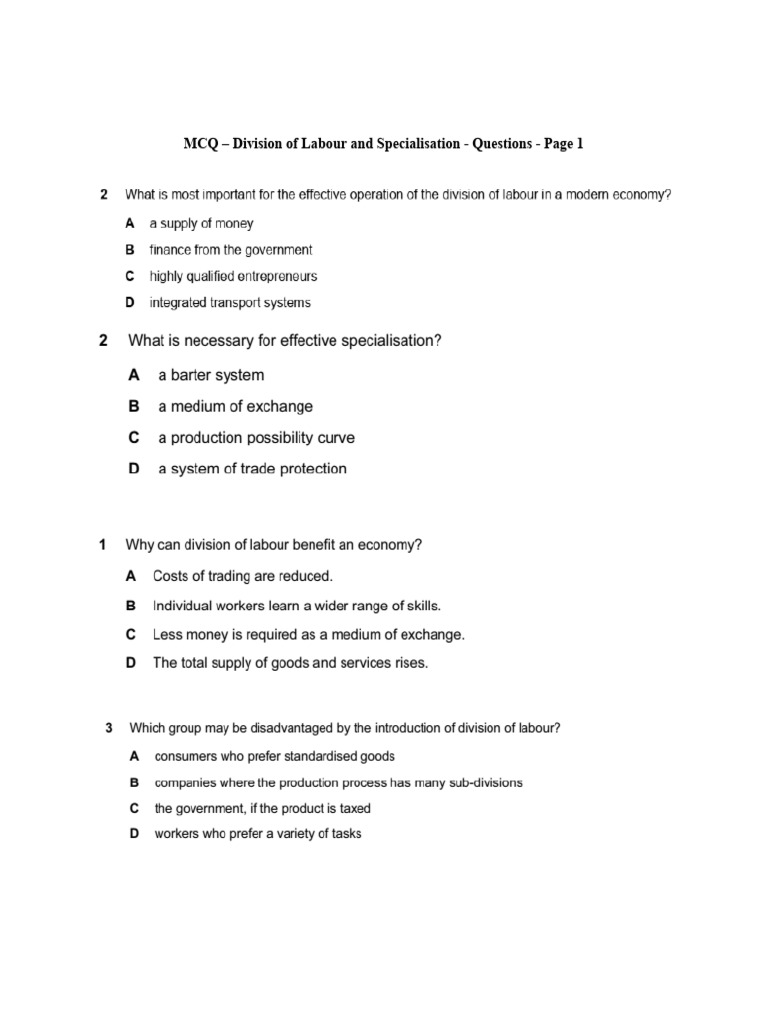MCQ - Division of Labour | PDF | Division Of Labour | Multiple Choice