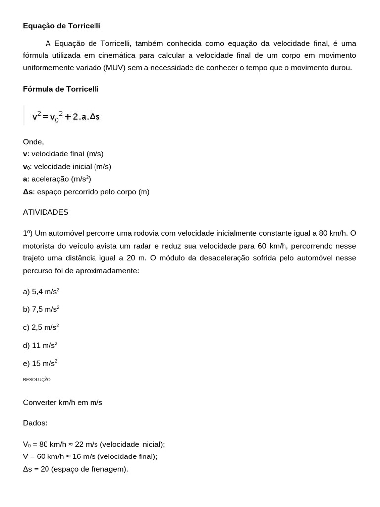 Equação de Torricelli e Exercícios Práticos | PDF