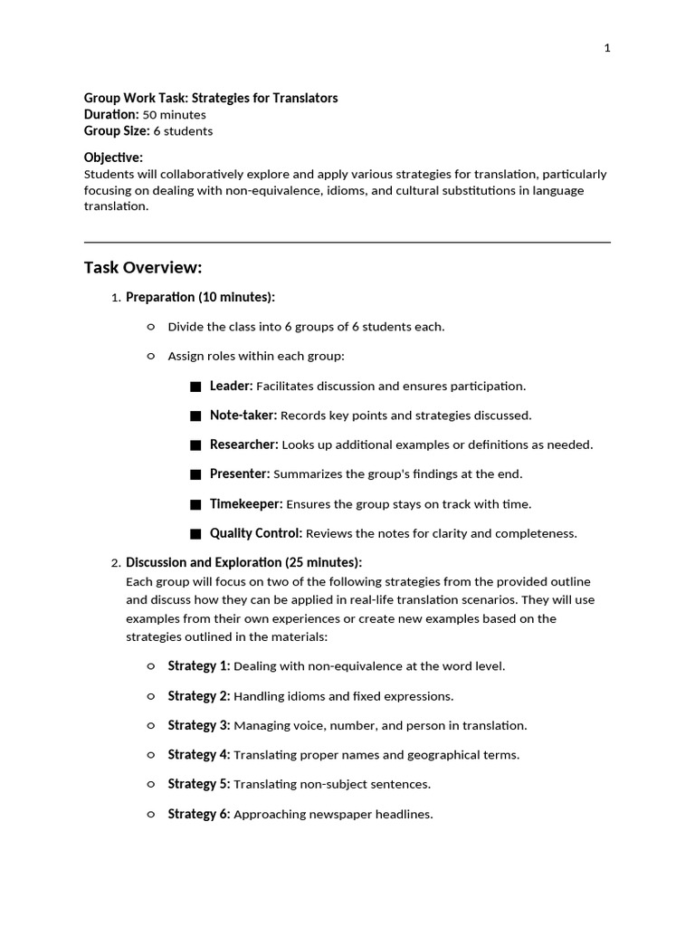 Group Work Task - Strategies For Translators | PDF | Translations ...