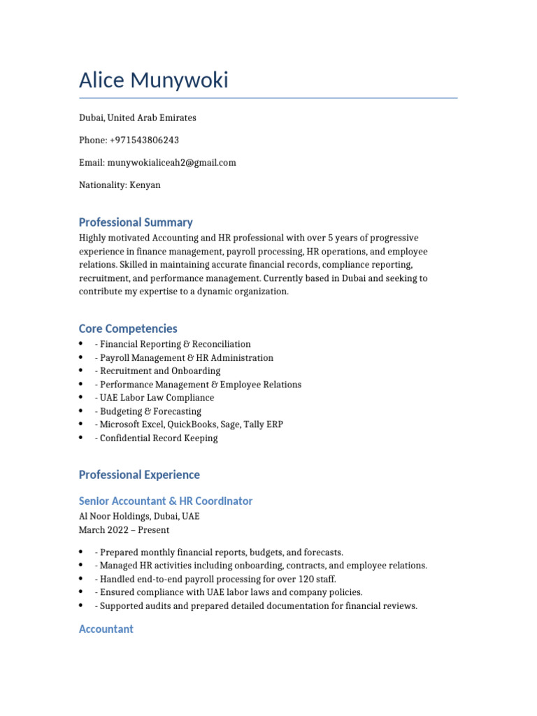 Alice_Munywoki_Accountant_HR_CV | PDF | Payroll | Kenya