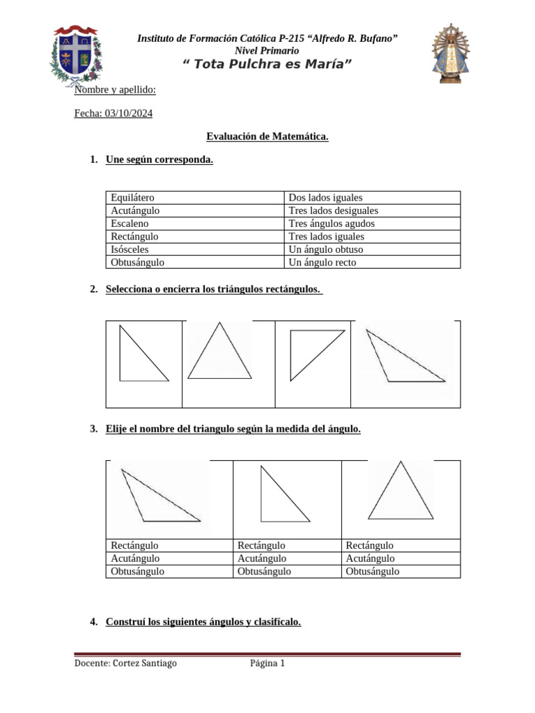 Evaluacion de Matematica Angulos y Triangulos. | PDF