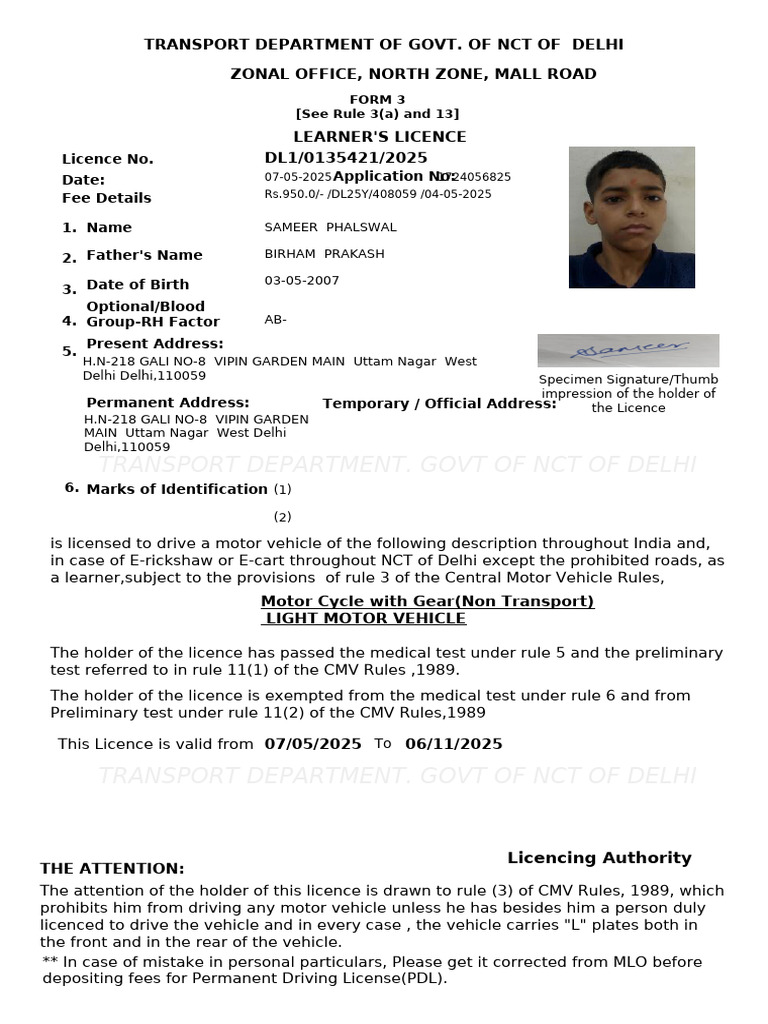 Learner License Sameer Phalswal | PDF | Driver's License | Driving