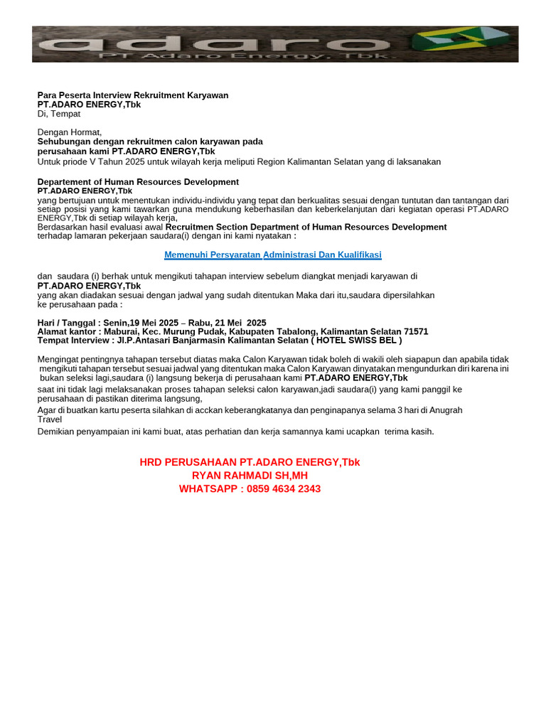 Surat Panggilan Interview PT - Adaro | PDF