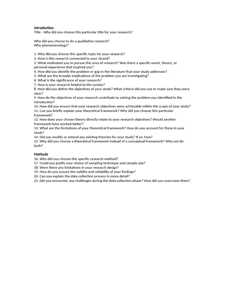 Possible Research Title Proposal Questions | PDF