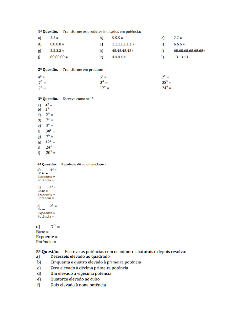 Exercicios Potencia Lista Imprimir | PDF