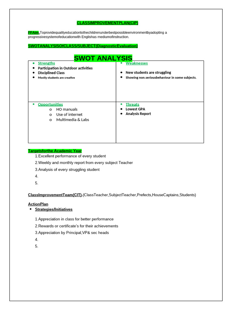 Class Improvement Plan and SWOT Analysis | PDF
