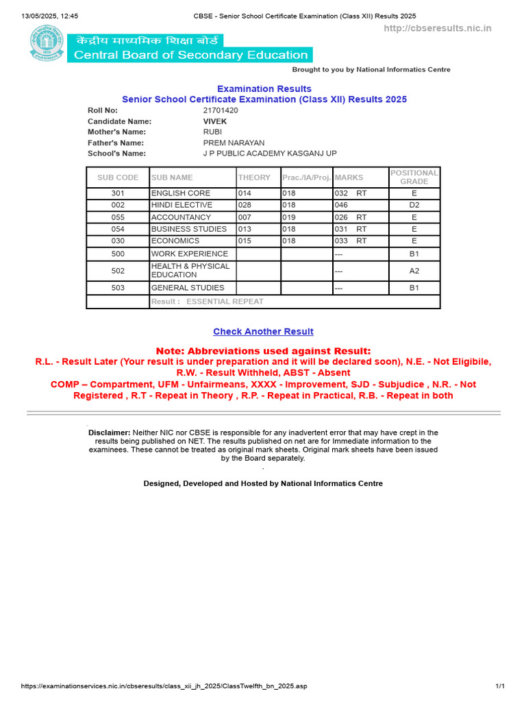 CBSE - Senior School Certificate Examination (Class XII) Results 2025 ...