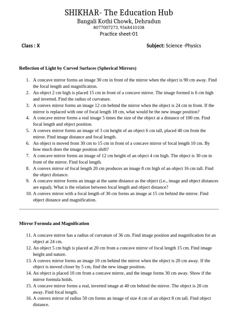 Practice Sheet | PDF | Refraction | Mirror