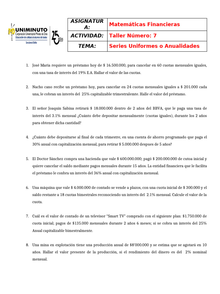 Taller #7 - Series Uniformes o Anualidades | PDF | Economias | Dinero
