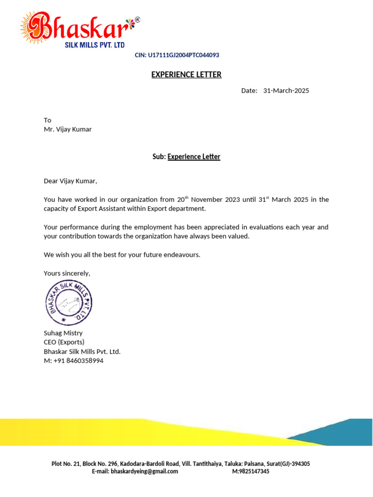 Vijay Export Manager Experience Letter | PDF
