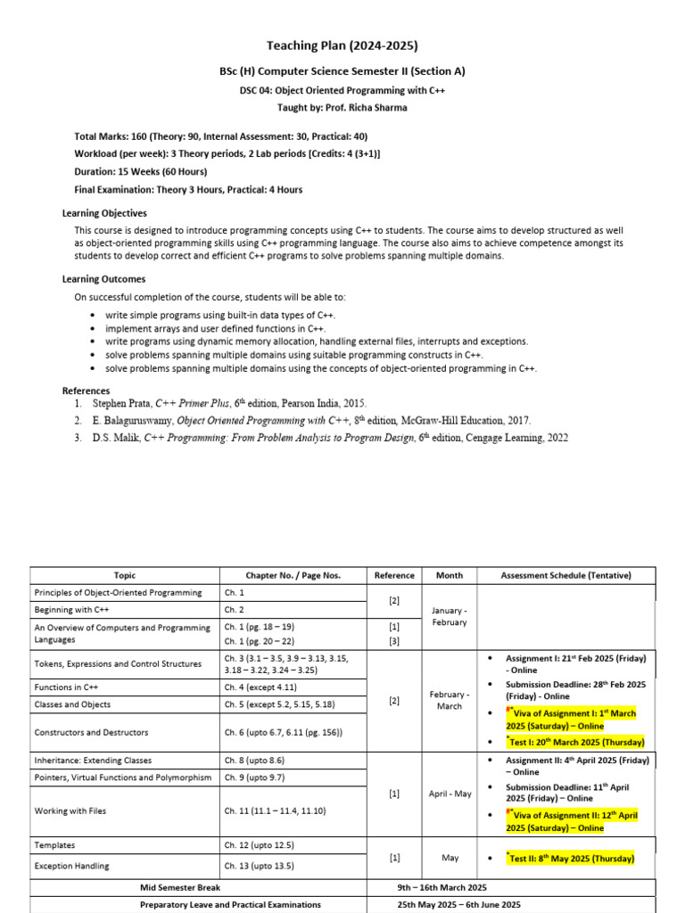 BSCHCS - IIA - Teaching Plan - 2024-2025 | PDF | C++ | Object Oriented ...