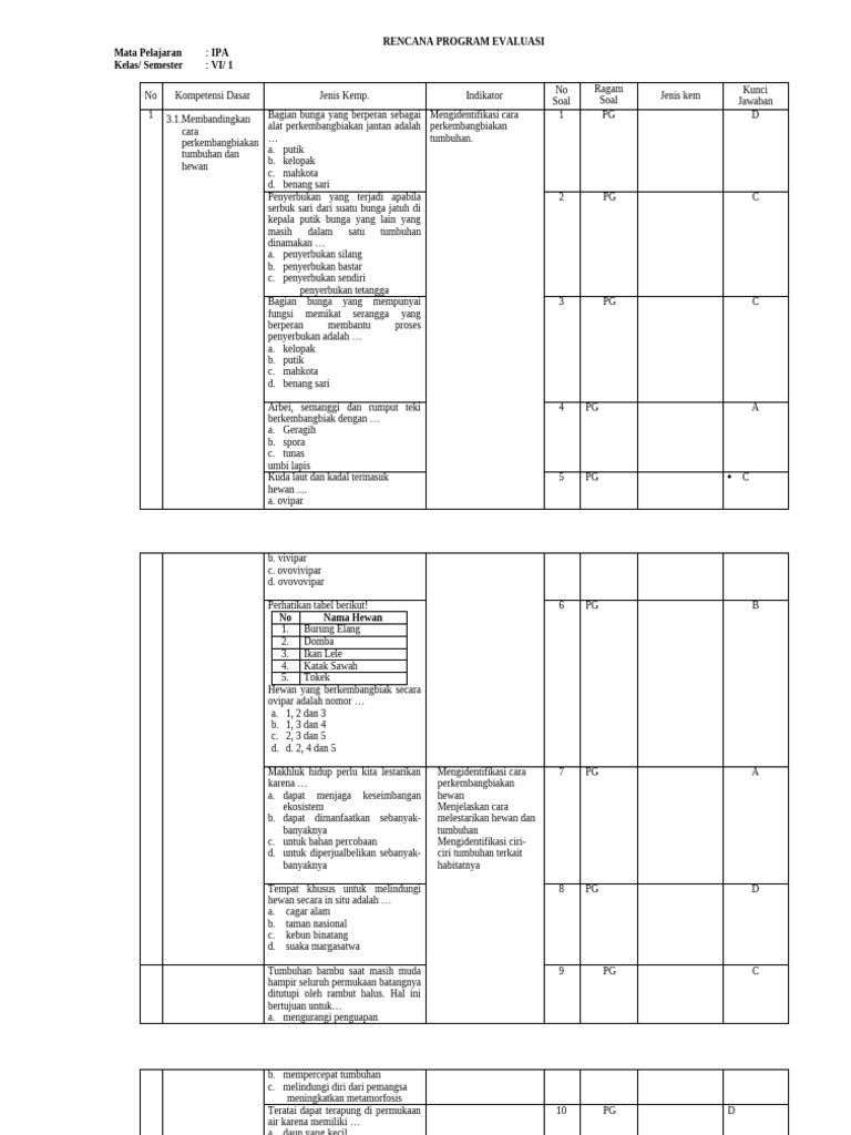 RENCANA PROGRAM EVALUASI IPA Kelas 6 | PDF