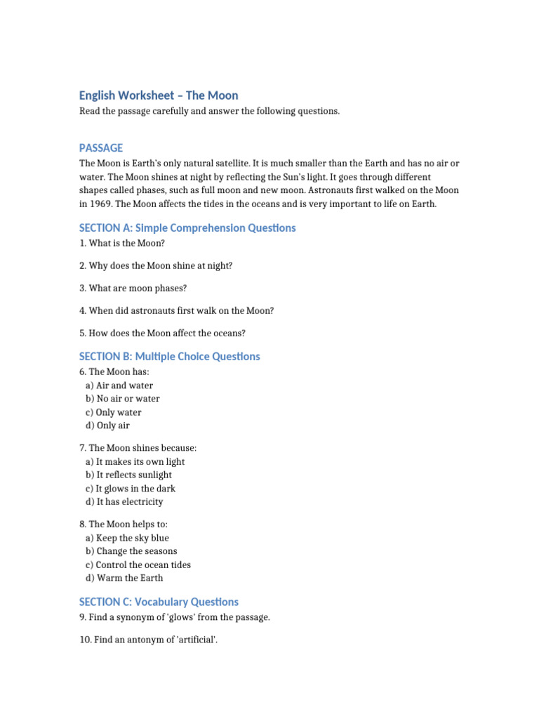 Moon Facts and Comprehension Worksheet | PDF