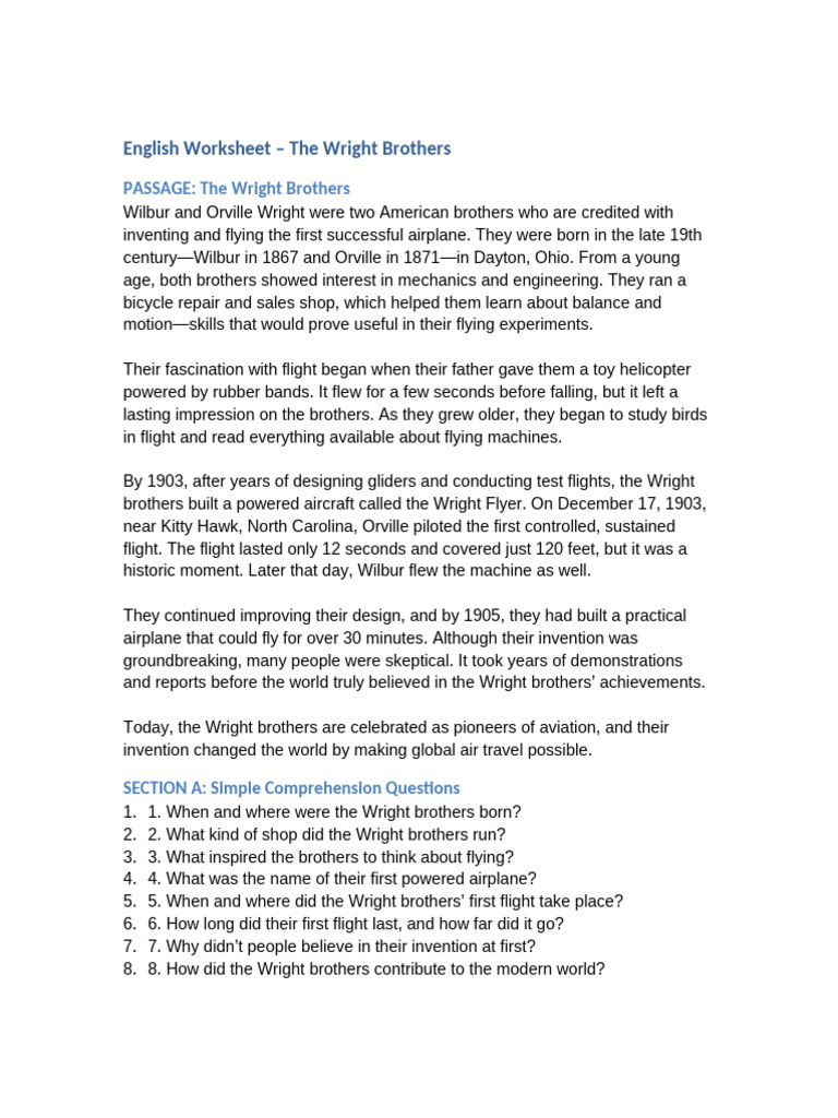 Wright Brothers English Worksheet | PDF | Wright Brothers | Wright Flyer