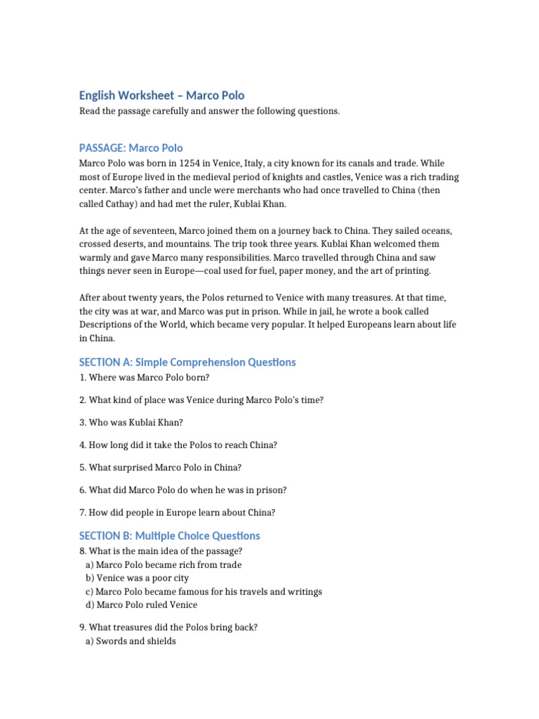Marco Polo Worksheet With Passage | PDF