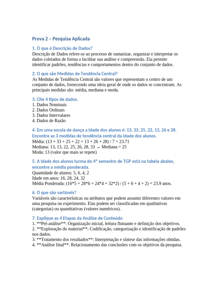Prova 2 Pesquisa Aplicada Formatada | PDF | Dados | Mediana (Estatística)
