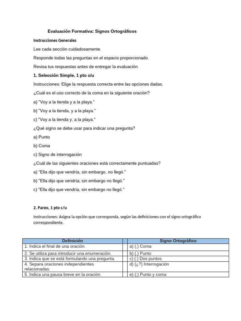 Evaluación Formativa Signos de Puntuacion Gramatica 2 | PDF