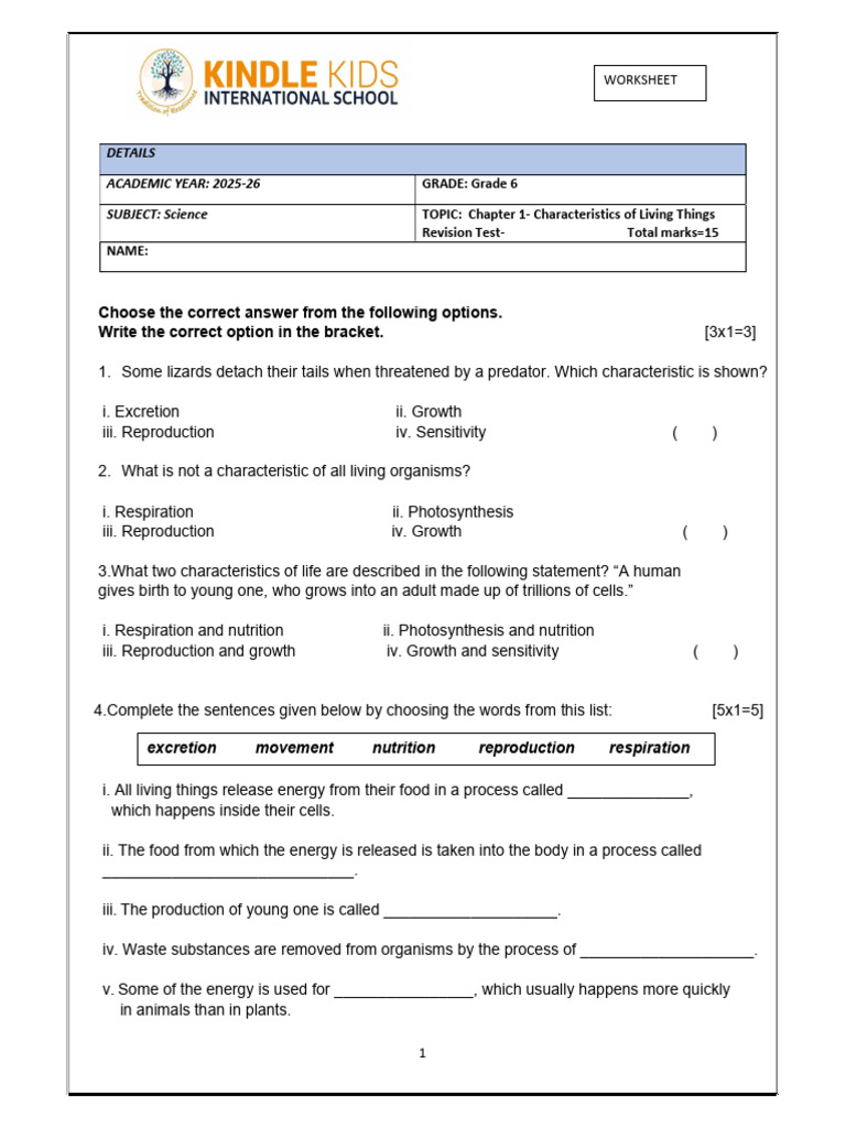 Characteristics of Living Things Worksheet | PDF | Nutrition | Diet ...