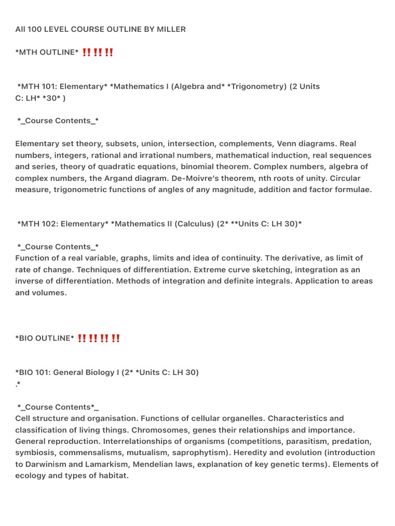 All 100 Level Course Outline by Miller | PDF | Force | Magnetic Field