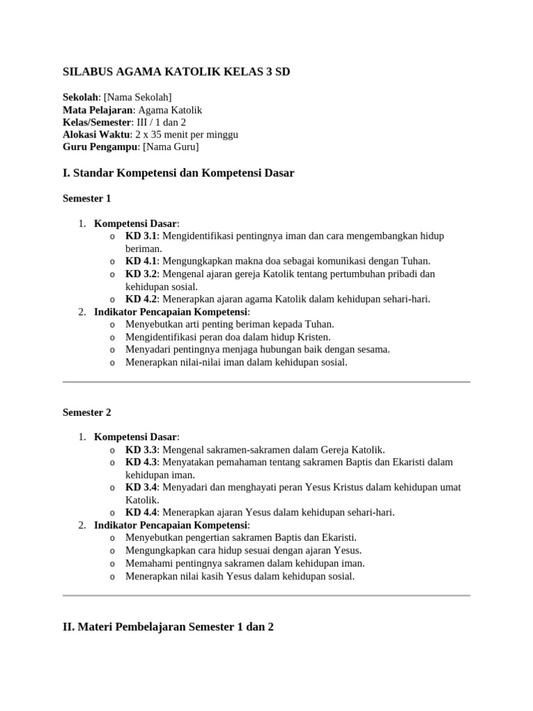 Silabus Agama Katolik Kelas 3 SD | PDF