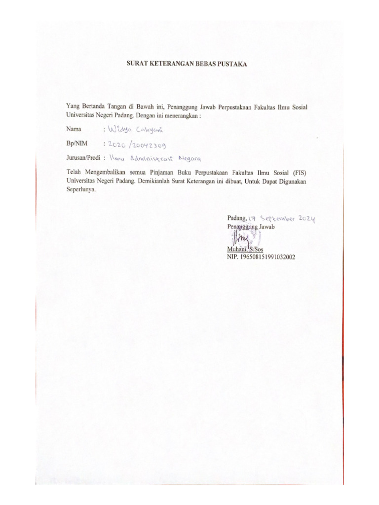 Surat Bebas Pustaka Widya | PDF