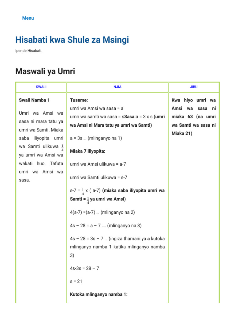 Maswali Ya Umri - Hisabati Kwa Shule Za Msingi | PDF