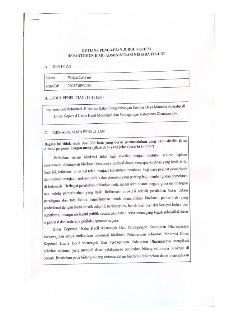 Outline Judul Reformasi Birokrasi Widya Cahyani | PDF