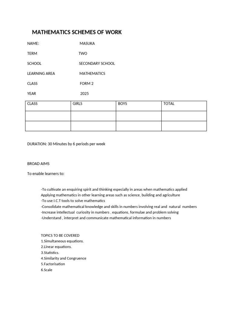 Form2 Schemes of Work Cover Page. | PDF