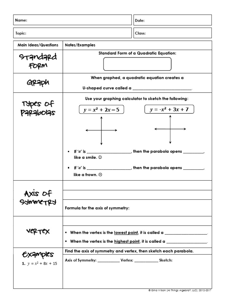 3-1 Guided Notes Intro To Quadratics | PDF