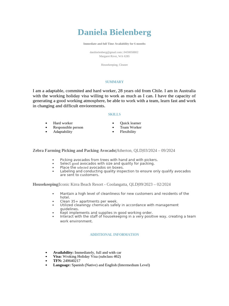Housekeeping and Avocado Picking Resume | PDF