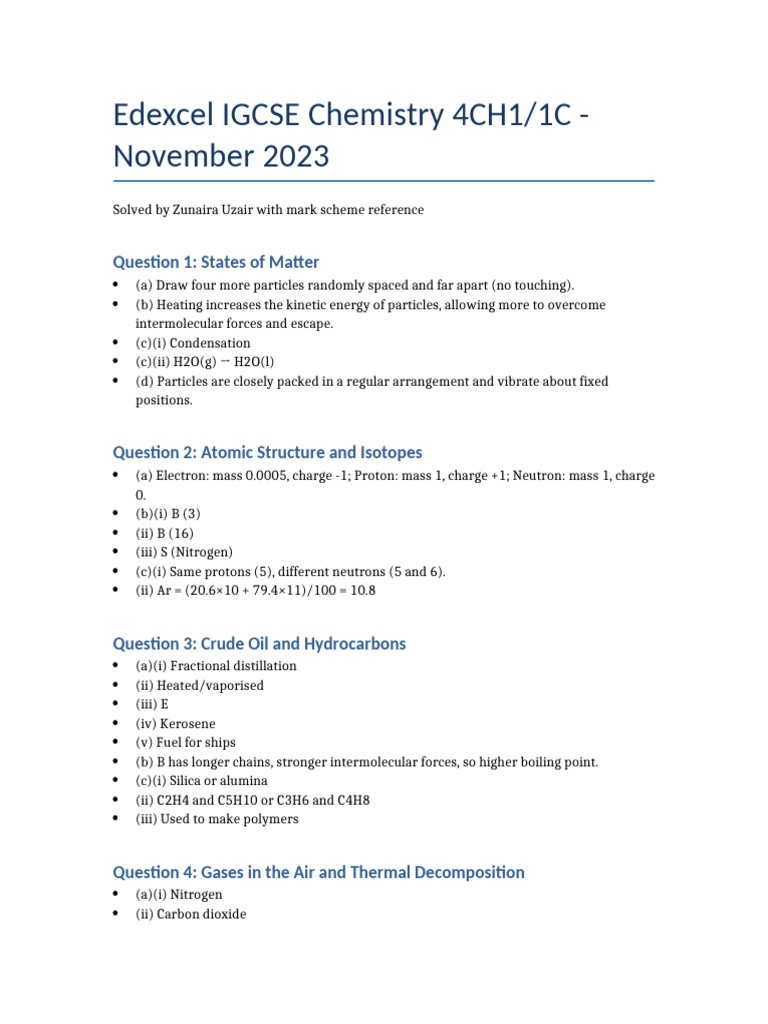Edexcel IGCSE Chemistry 4CH1 1C Nov2023 Answers | PDF | Chemical Bond ...