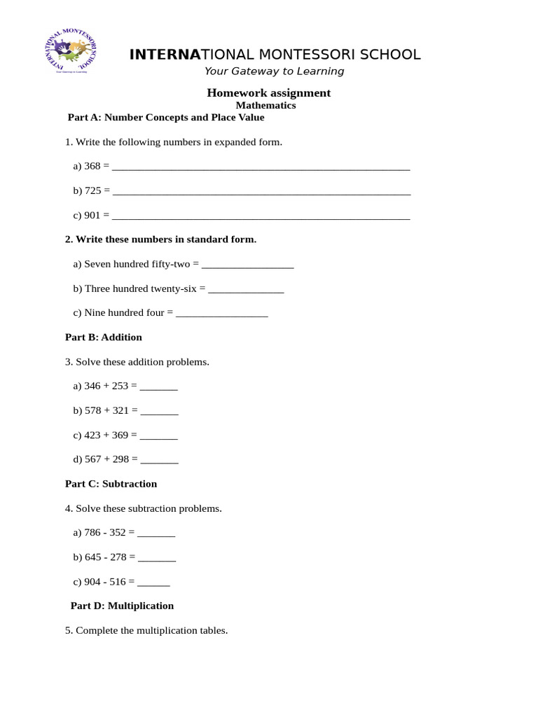 Montessori Math Homework Assignment | PDF