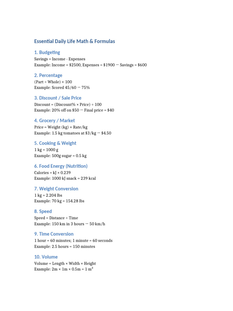 Daily Life Math Formulas | PDF
