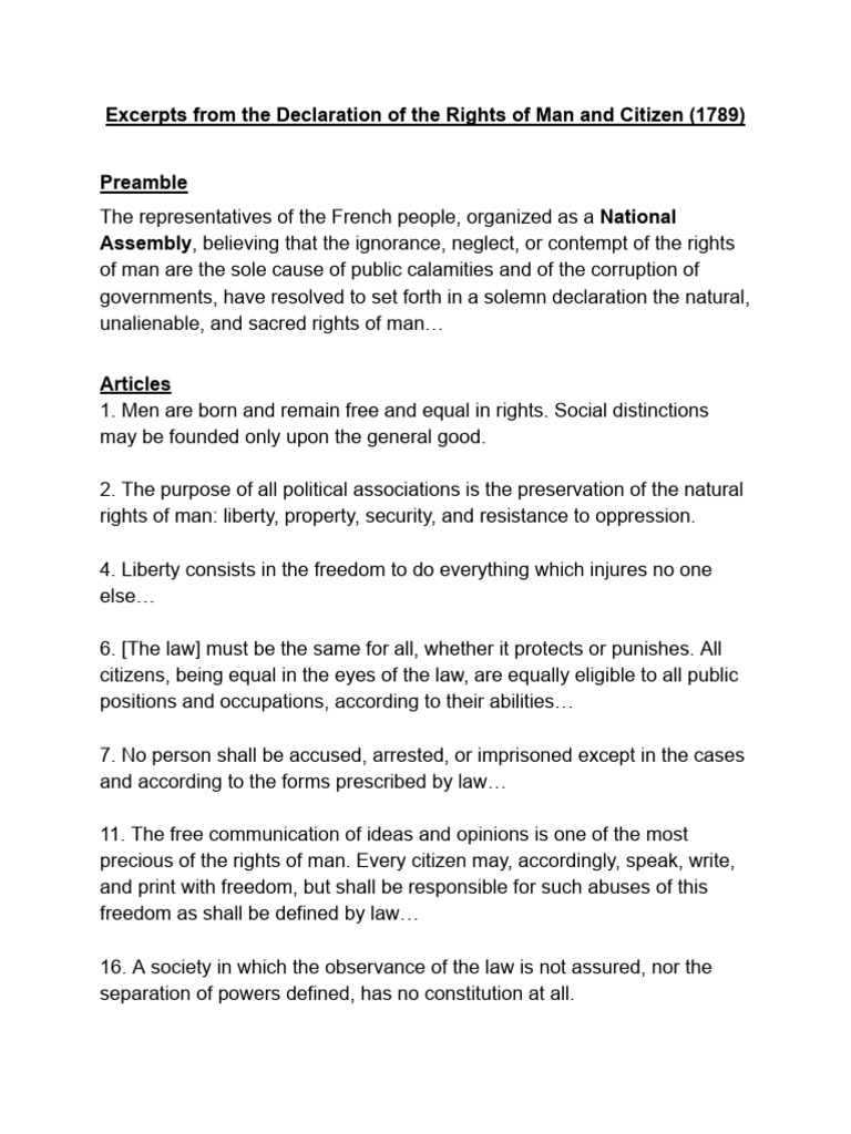1789 Declaration of Rights of Man Excerpts | PDF | Political Science ...