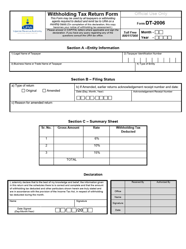 Uganda Withholding Tax Return Form DT-2006 | PDF | Taxes | Taxpayer