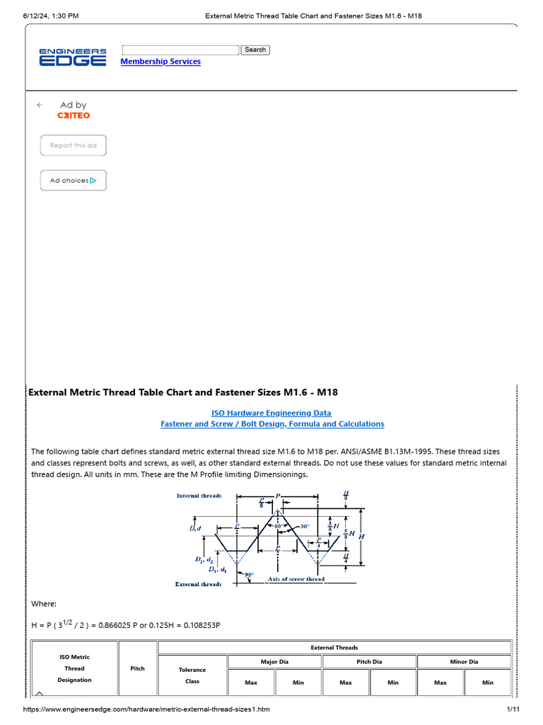 External Metric Thread Table Chart and Fastener Sizes M1.6 - M18 | PDF ...