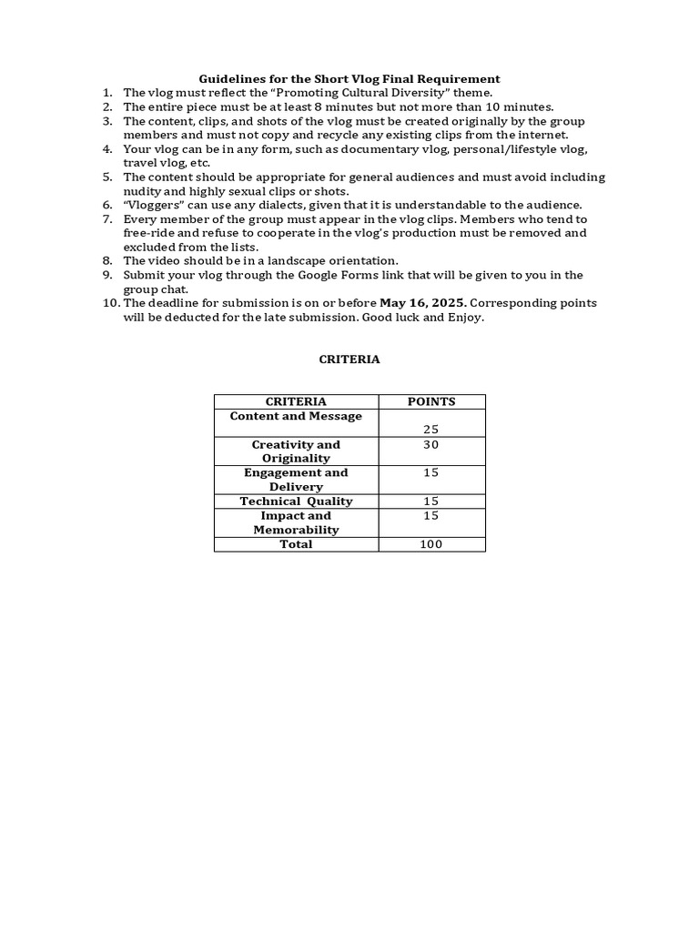 Guidelines and Criteria For The Short Vlog Final Requirement | PDF
