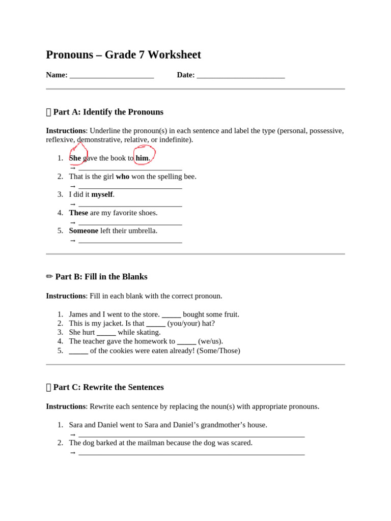 Grade 7 Pronouns Worksheet | PDF